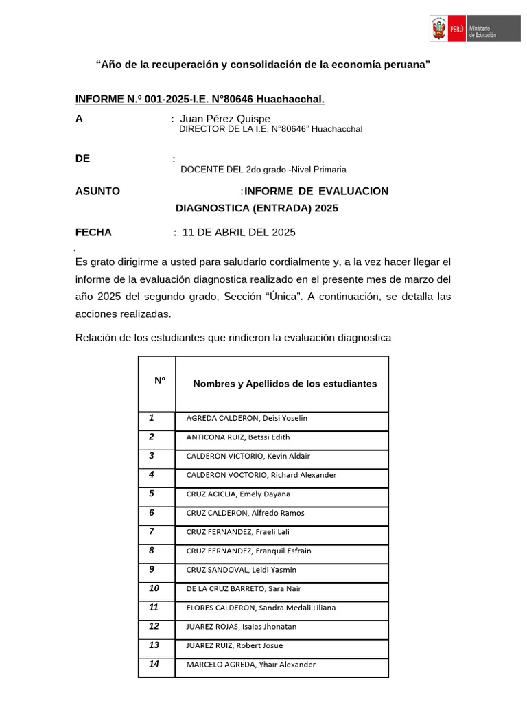Informe Evaluacion Diagnostica - Primaria - 2 Grado | PDF ...