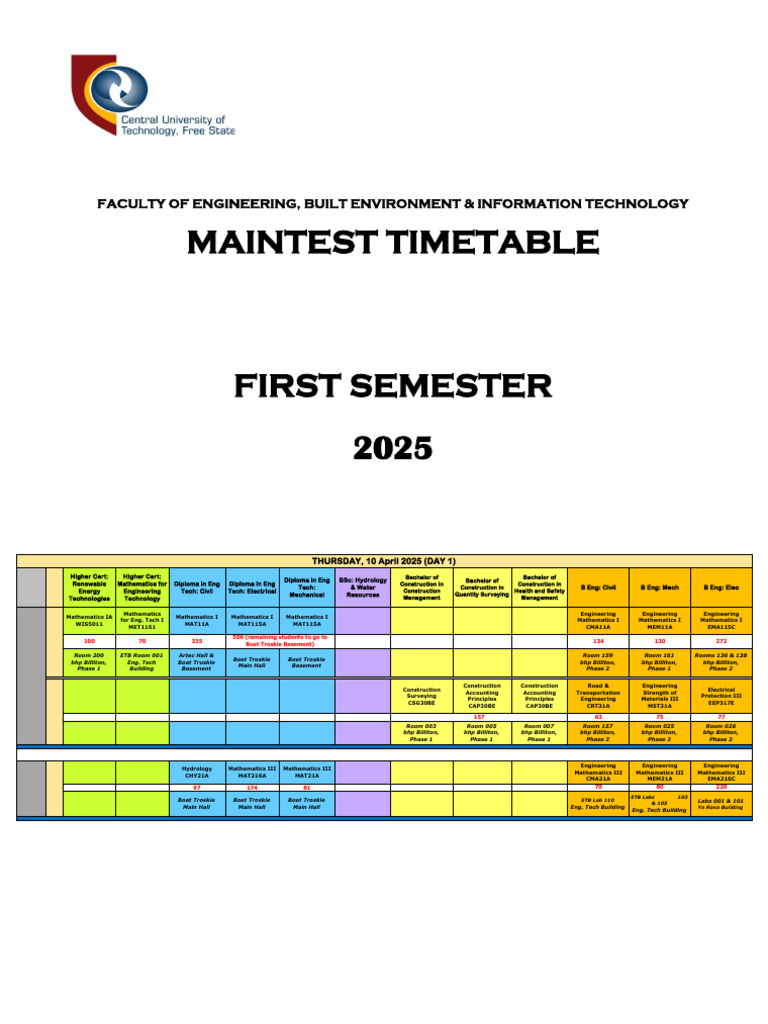 2025 FEBIT Main Test Timetable - Semester 1 - DRAFT | PDF | Engineering ...