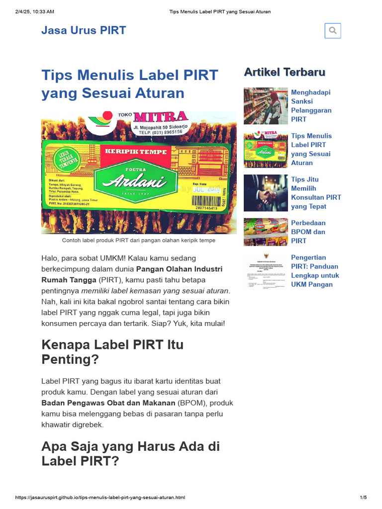 Panduan Label PIRT untuk UMKM | PDF