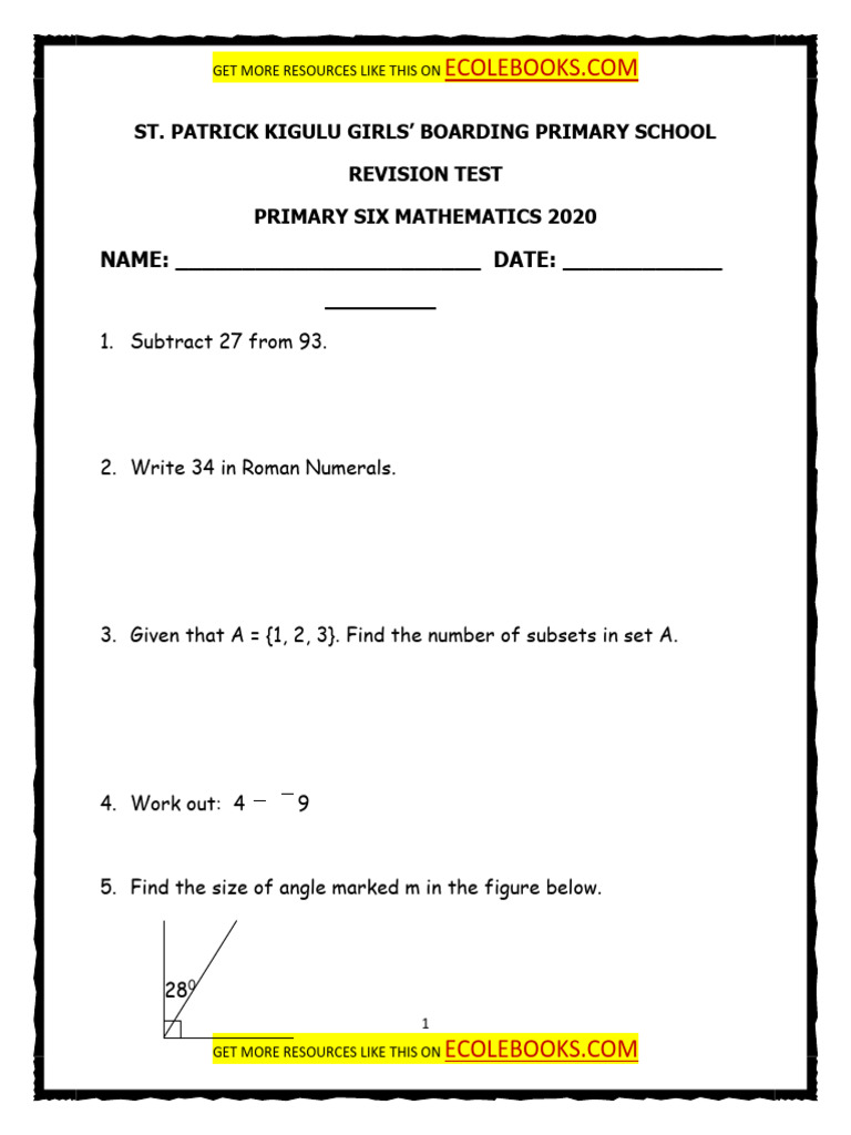 p.6 MTC Revision Test 2020 Exam | PDF | Area | Length