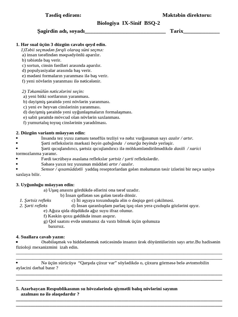 Biologiya IX-Sinif BSQ-1 KSTM | PDF