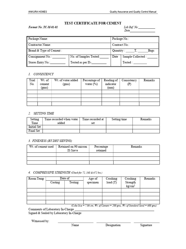Cement Testing Certificate Details | PDF