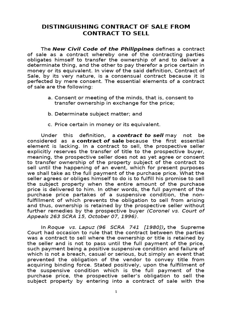 Contract of Sale vs. Contract to Sell | PDF | Offer And Acceptance | Sales