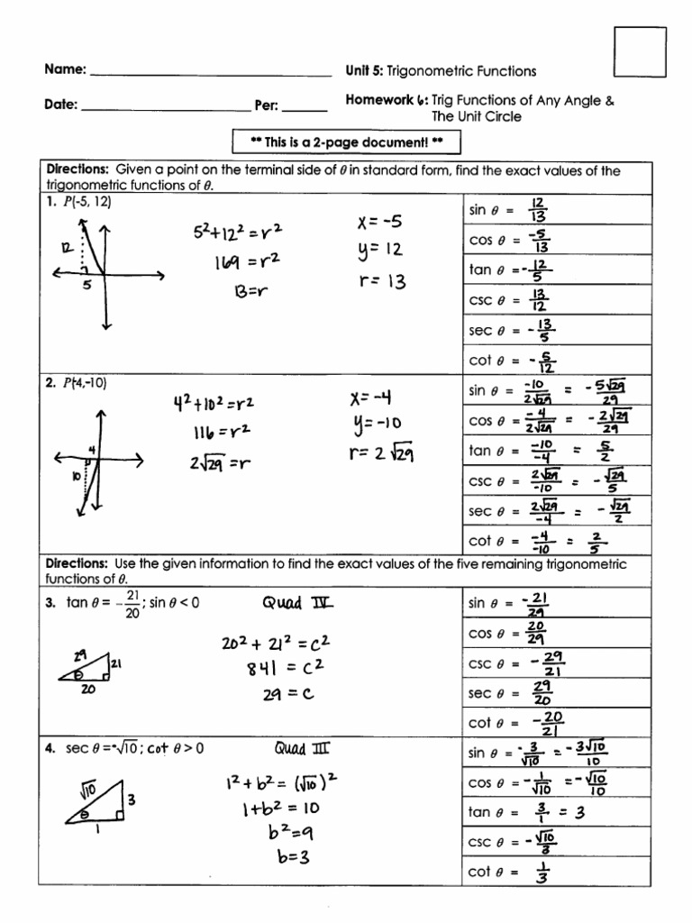 Trig Functions of Any Angle and Unit Circle Worksheet Key | PDF