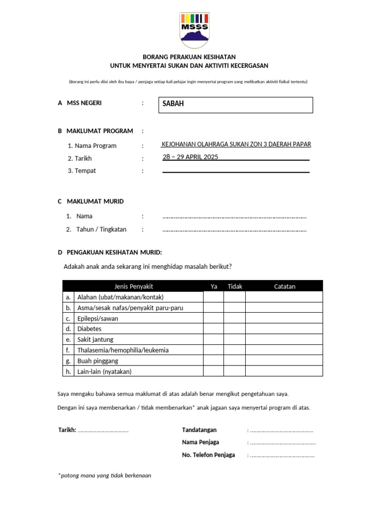 Borang Deklarasi Kesihatan | PDF