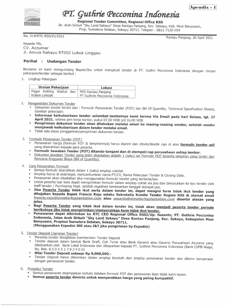 CV Azzumar - Undangan Tender PT Gpi | PDF