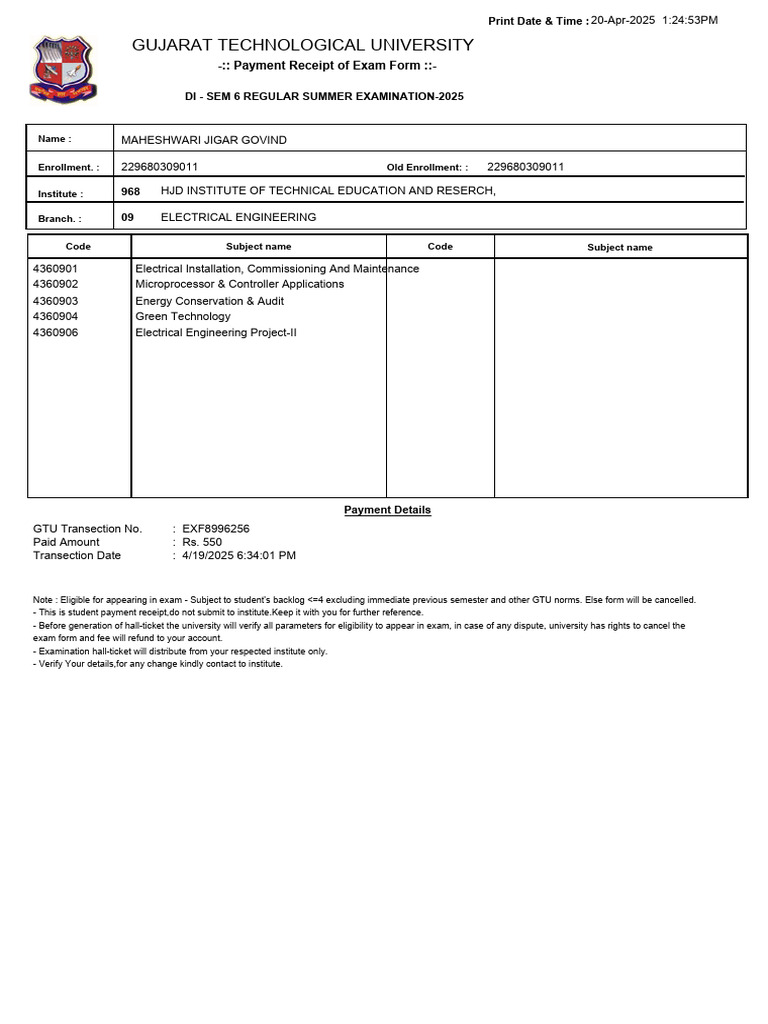 GTU Exam Form Payment Receipt 2025 | PDF