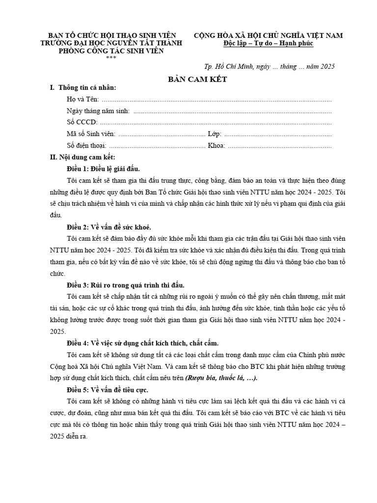 Bản cam kết VĐV Giải HTSV NTTU NH 2024 2025 | PDF