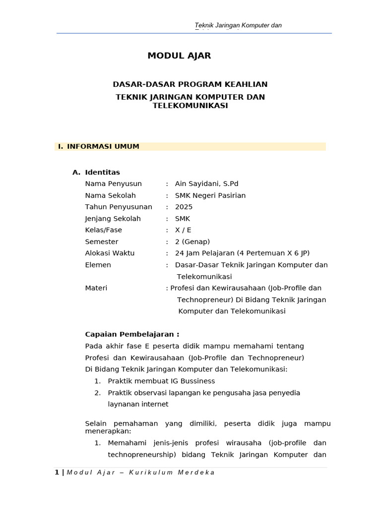 Modul Ajar DPK TKJ - Genab | PDF