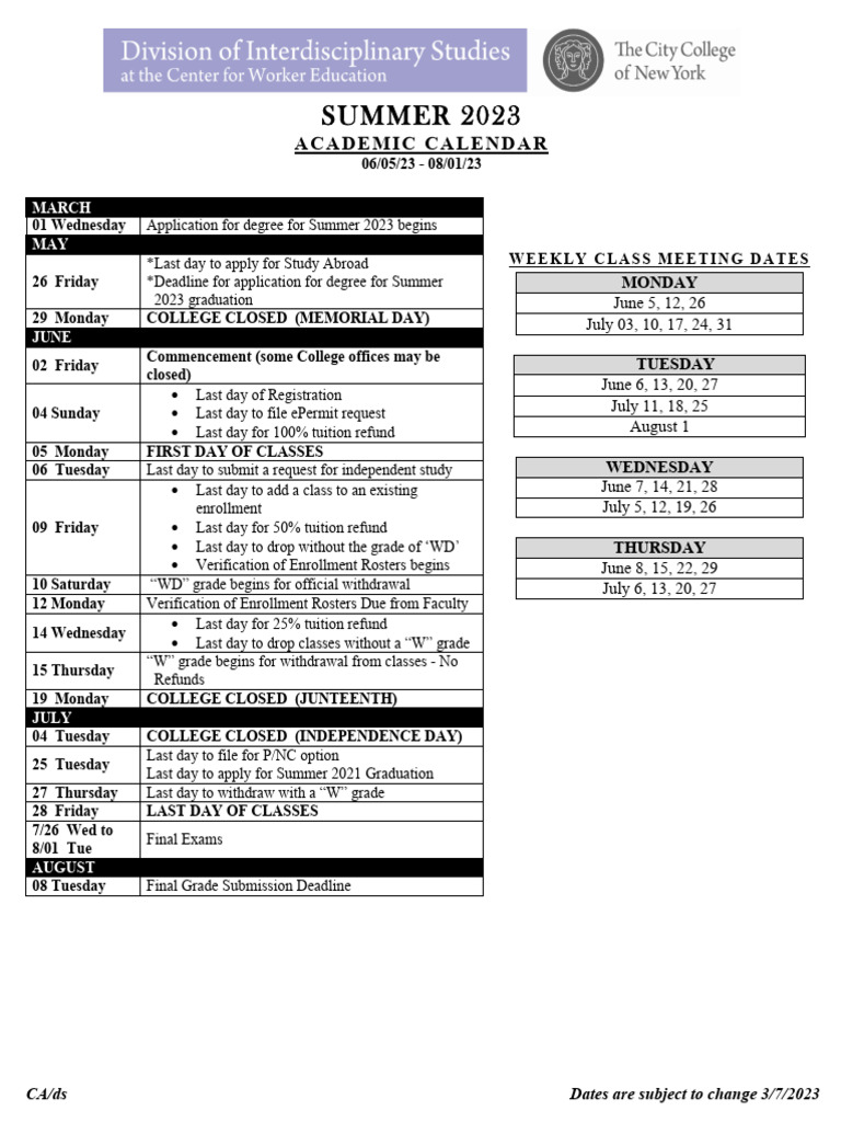 Summer Academic Calendar | PDF
