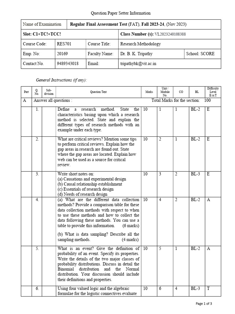 FAT QP - Fall 2023-24 - RES701-Research Methodology | PDF