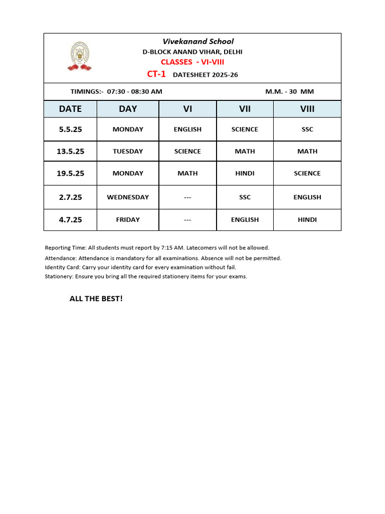 CT 1 DATE SHEET (6-8) 25-26 | PDF