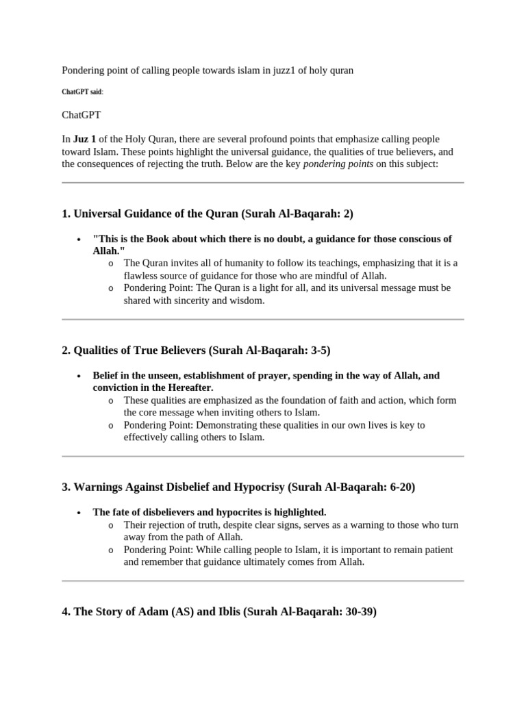 Pondering Point of Calling People Towards Islam in Juzz1 of Holy Quran ...