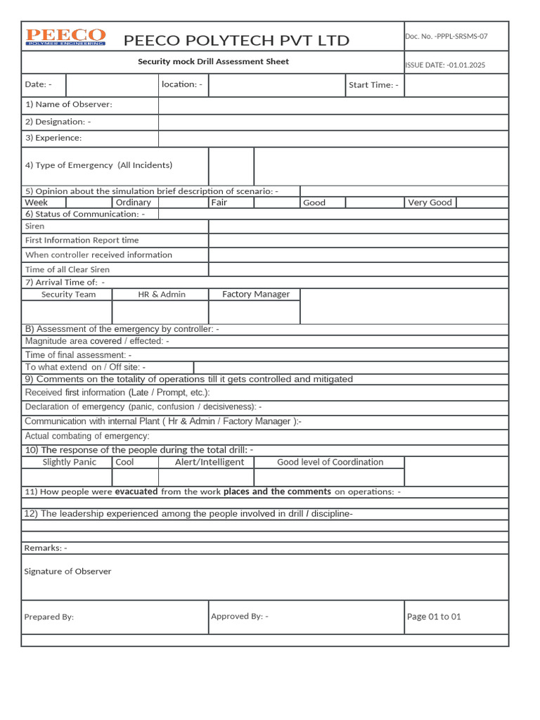 Mock Drill Format For ISO 28000 | PDF