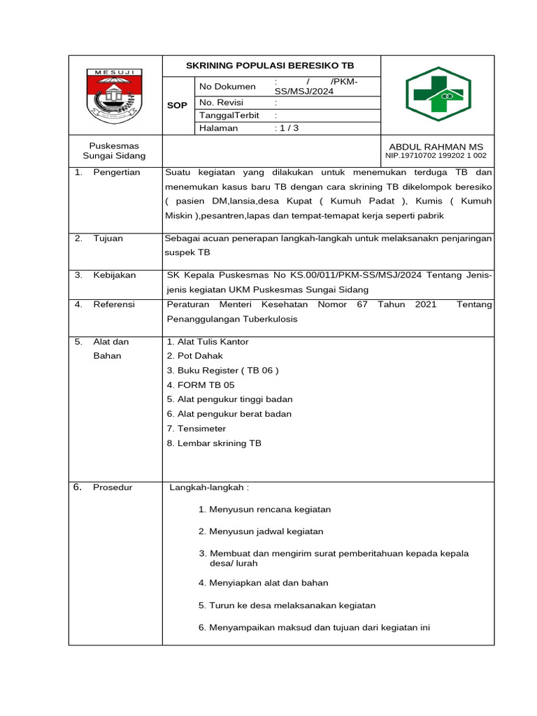 Sop Skrining TB - 123900 | PDF