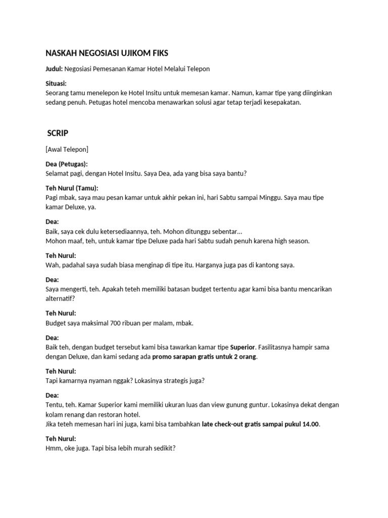 Negosiasi Pemesanan Kamar Hotel | PDF