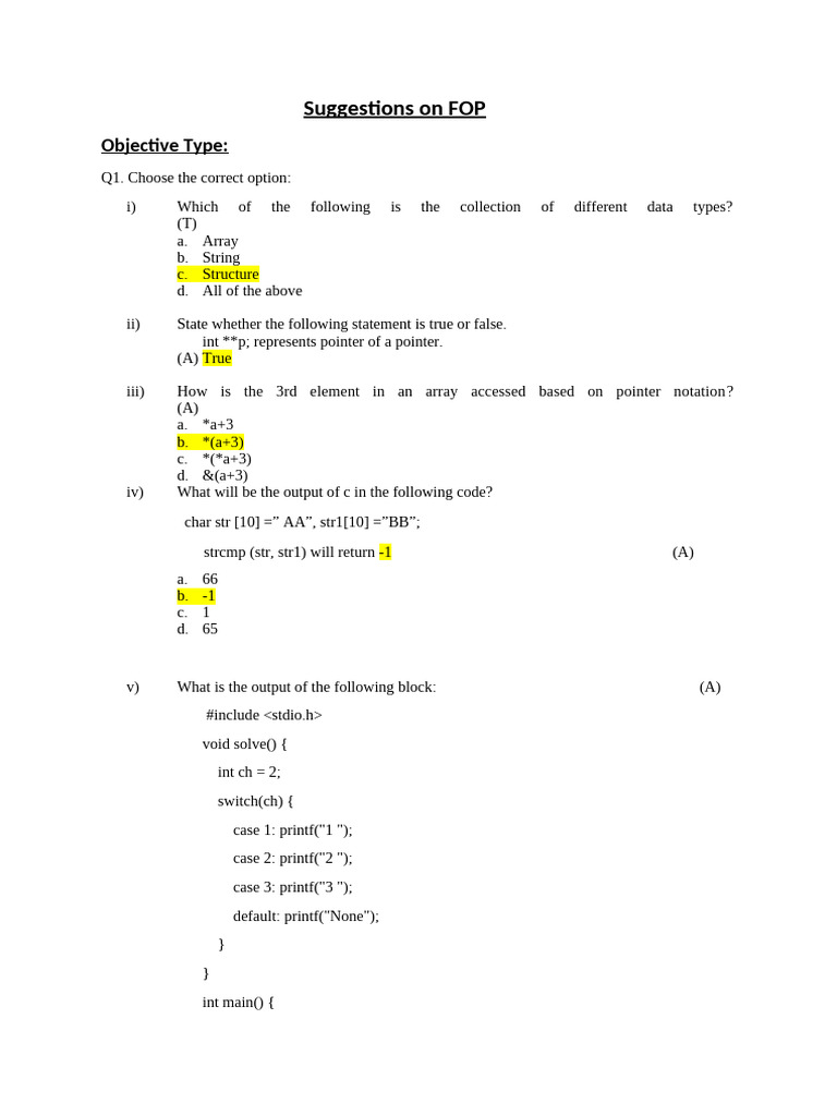 FOP Exam Questions and Answers | PDF | String (Computer Science) | Pointer (Computer Programming)