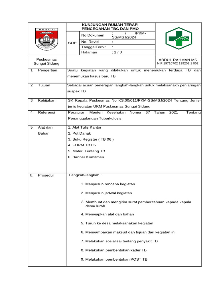 SOP KUNJUNGAN RUMAH TERAPI PENCEGAHAN TBC & PMO_123856 | PDF