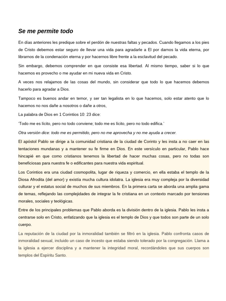 Se Me Permite Todo | PDF | Primera epístola a los corintios | Pablo el ...