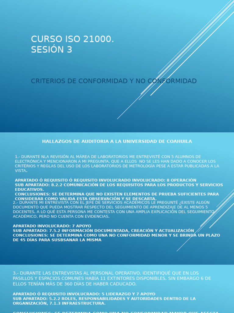 Auditoría ISO 21000: Hallazgos y Conformidades | PDF