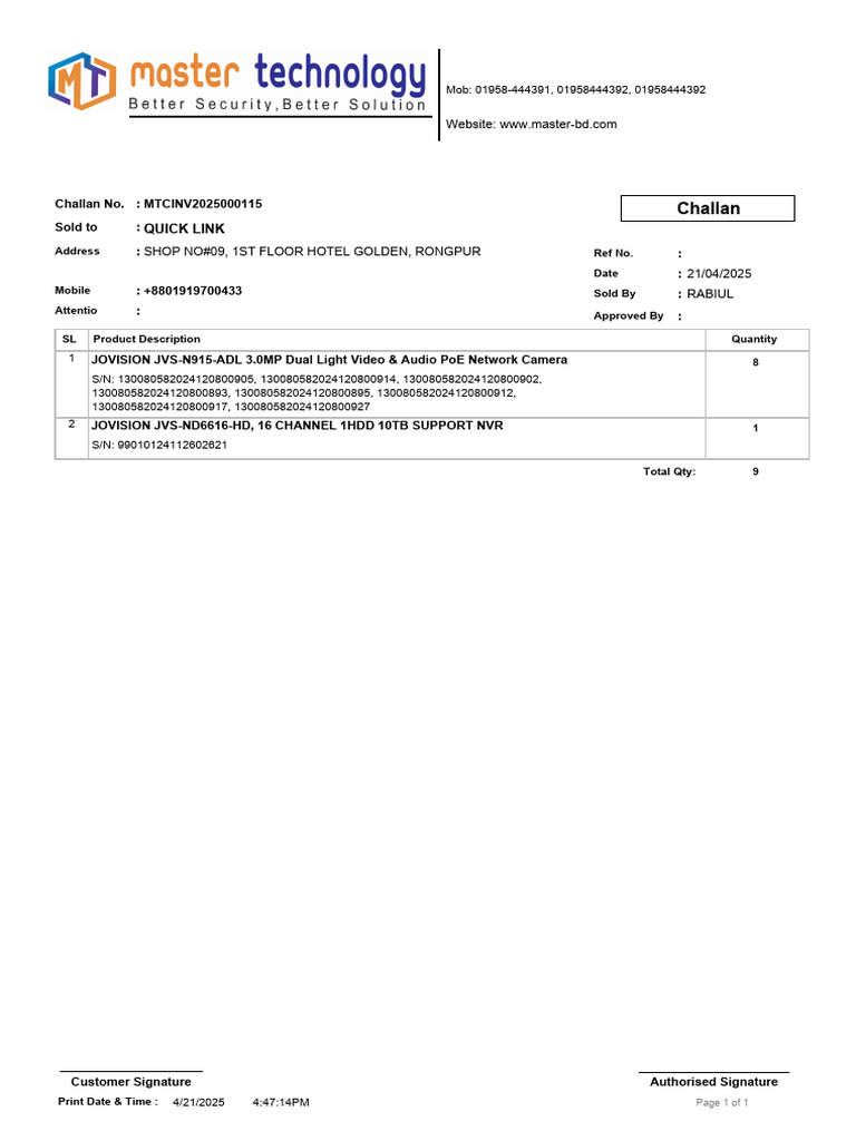 Jovision Camera Purchase Invoice Pdf
