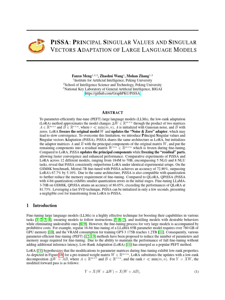 Pissa - Principal Singular Values And Singular Vectors Adaptation Of Large Language Models | PDF ...