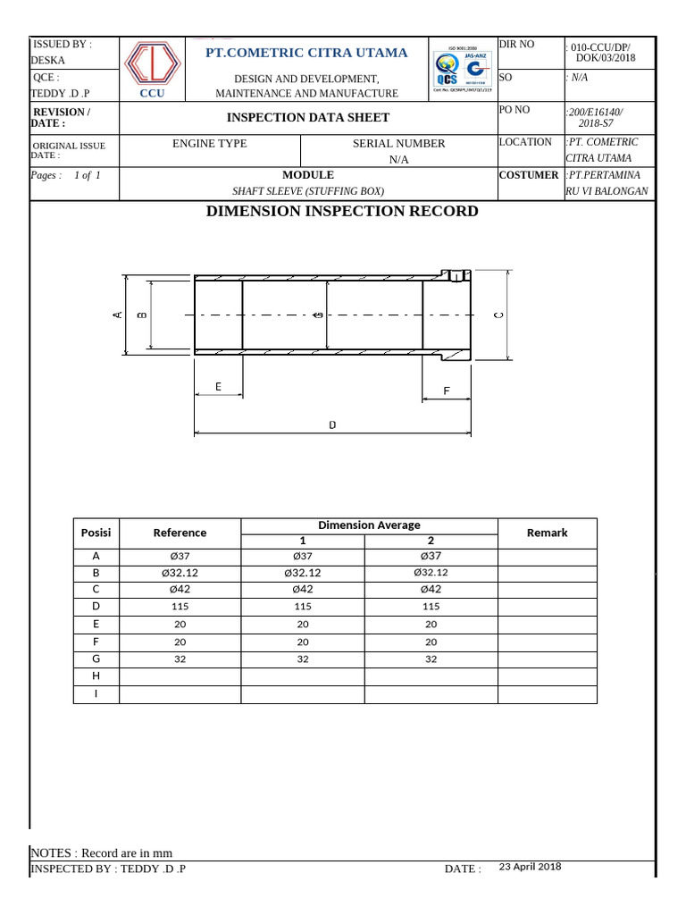 Dimension Record Pompa 4 (Shaft Sleeve) 1 | PDF