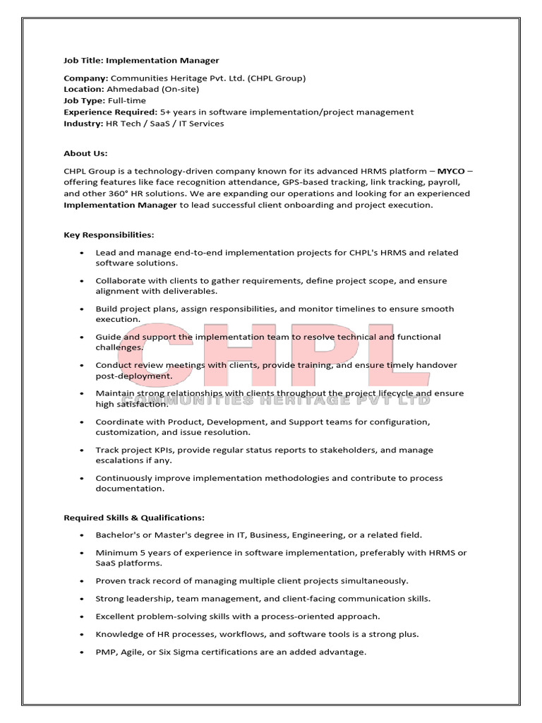 JD - Implementation Manager | PDF | Project Management | Organizational ...