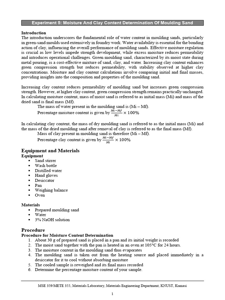 Moisture and Clay Content in Moulding Sand | PDF | Clay | Sodium Hydroxide
