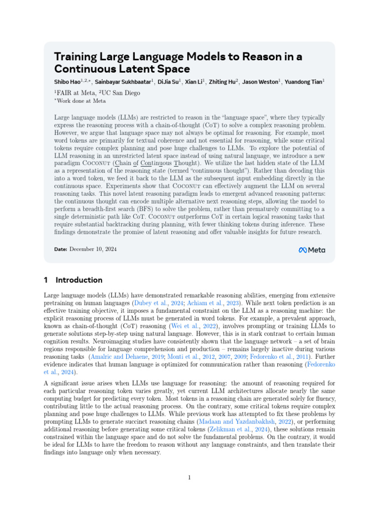 Training Large Language Models To Reason in A Continuous Latent Space | PDF | Reason | Thought