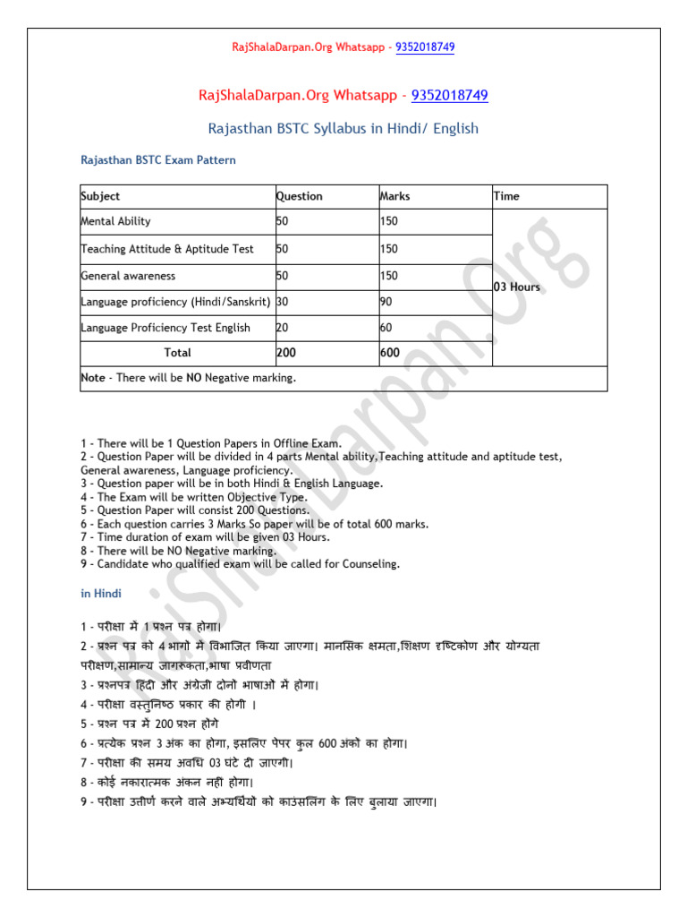 Rajasthan BSTC Syllabus Pattern | PDF