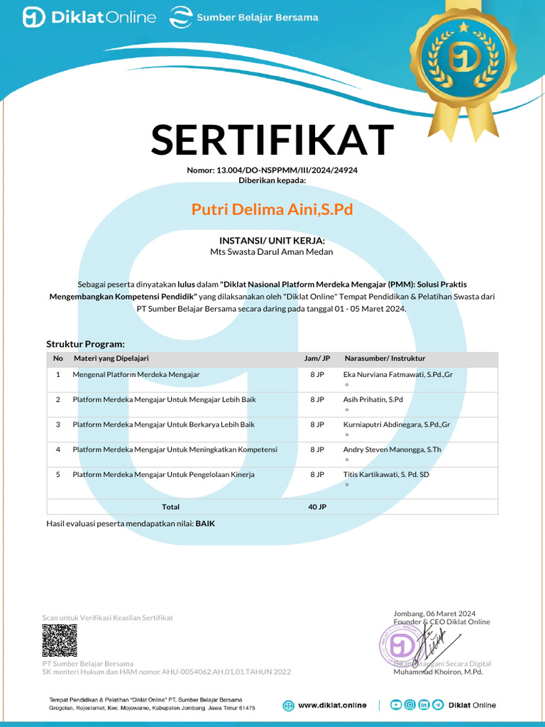 Sertifikat Putri Delima MtsSwastaDarulAmanMedan | PDF