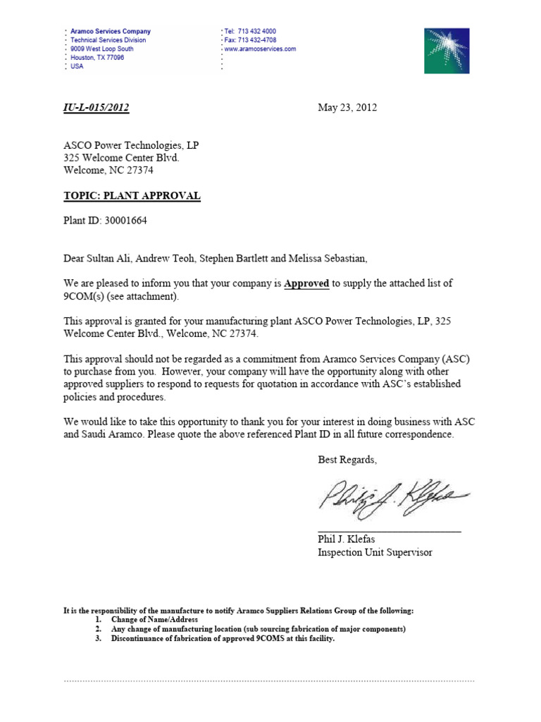 ASCO Aramco Plant Approval letter | PDF