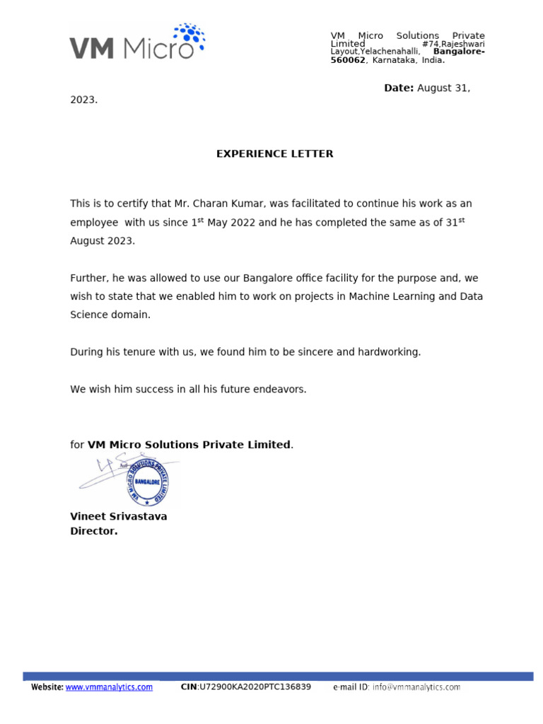 Experience Letter for Charan Kumar | PDF