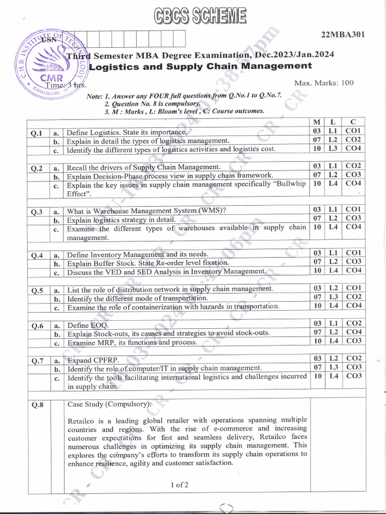 VTU Question Paper of 22MBA301 Logistics & Supply Chain Management Jan ...