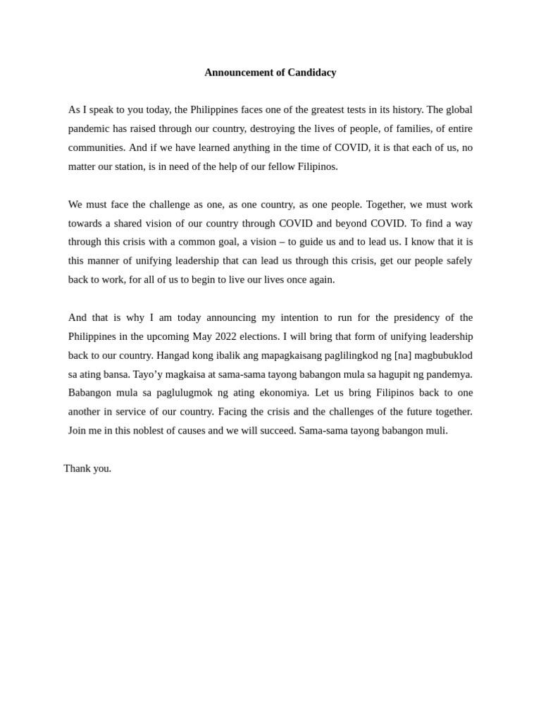 Announcement of Candidacy | PDF