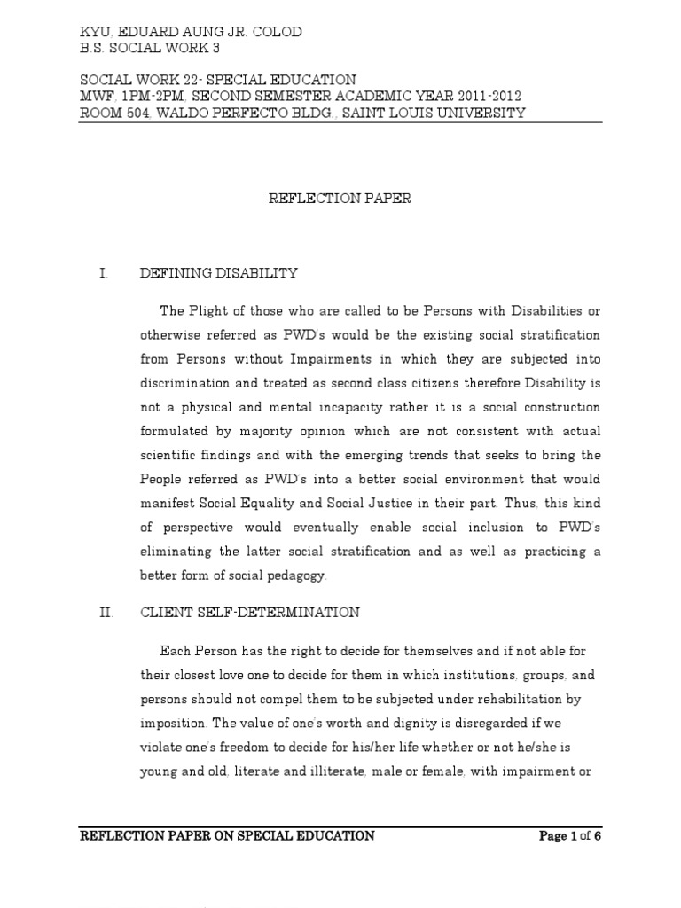 Reflection Paper On Special Education | Social Work | Special Education