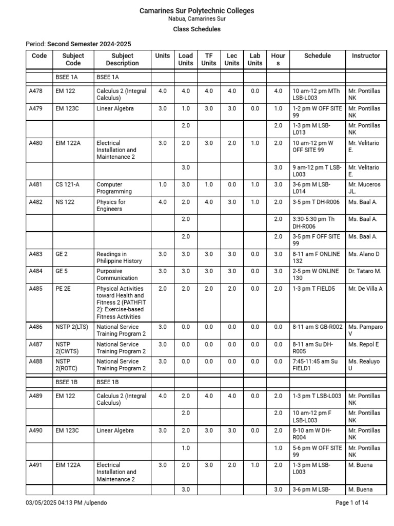 BSEE-Class-Schedules | PDF | Engineering