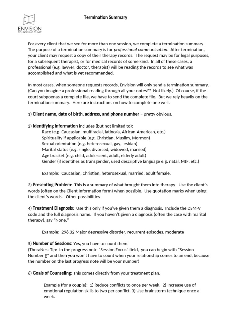 Termination Summary Instructions | PDF | Psychotherapy | Dialectical Behavior Therapy