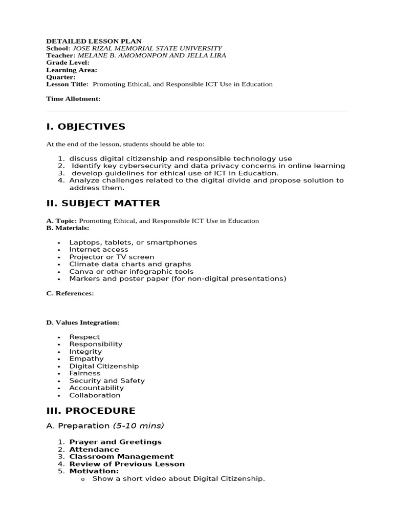 LESSON PLAN ICT Digital Citizenship | PDF | Educational Technology ...