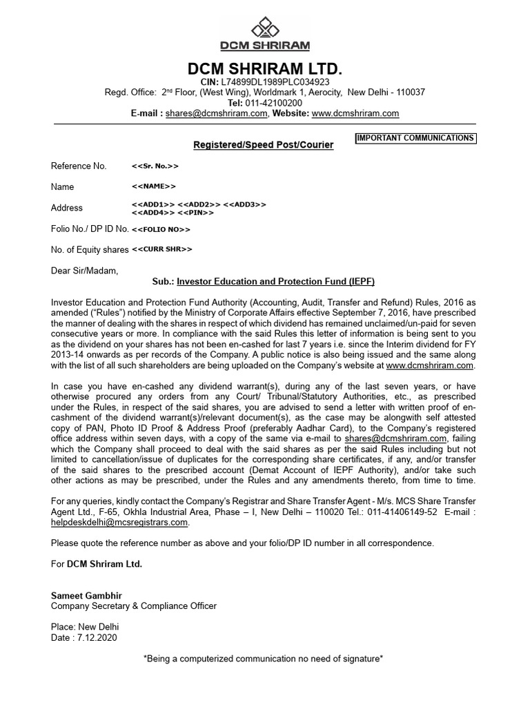 Important Communication - DCM Shriram IEPF Letter December 2020 (1) (1 ...