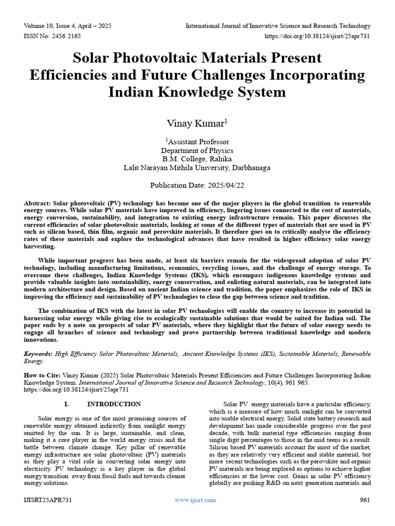 Solar Photovoltaic Materials Present Efficiencies and Future Challenges ...