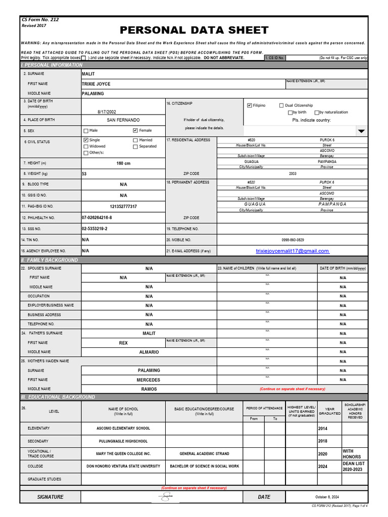 Personal Data Sheet Template | PDF