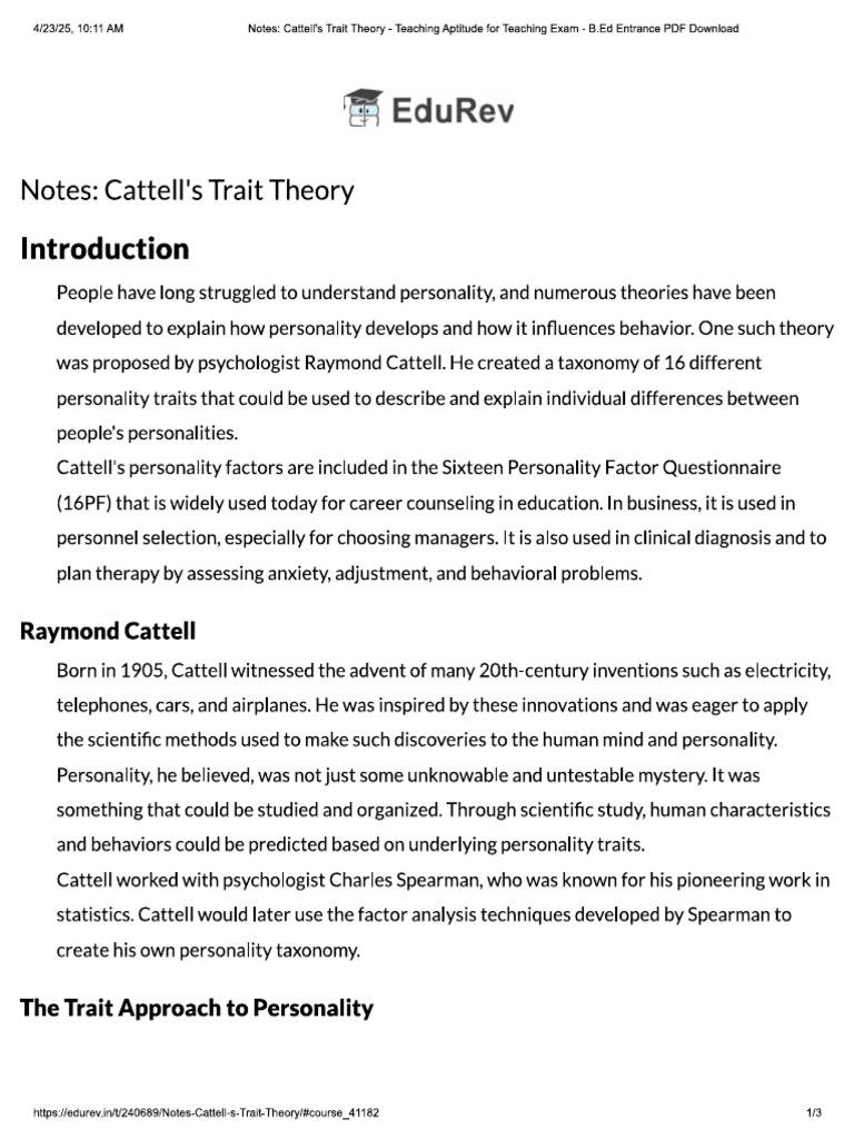 Cattell's Trait Theory | PDF