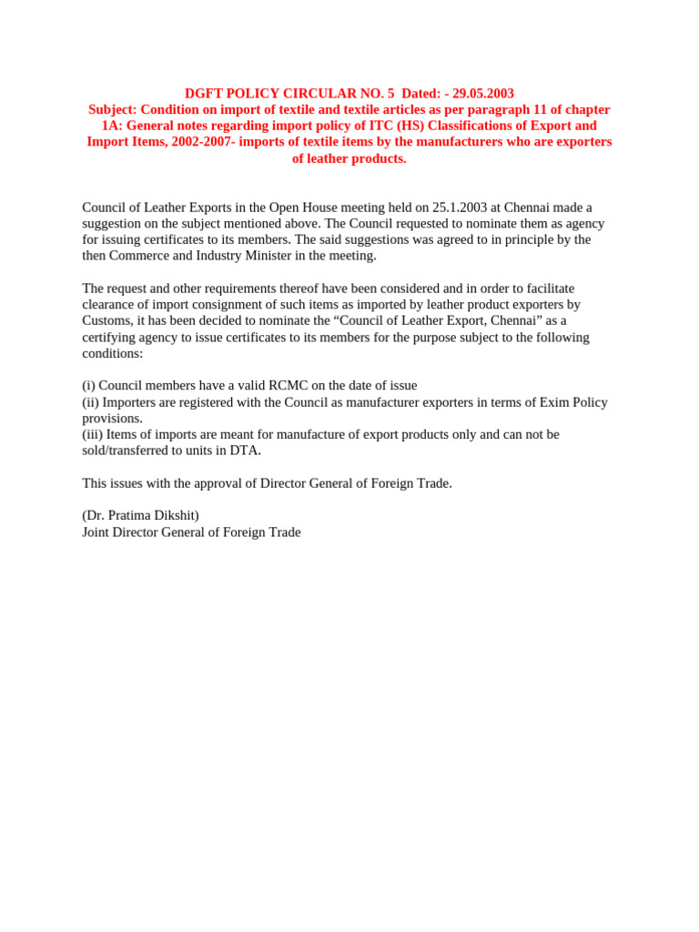 DGFT Policy Circular No. 5 of 2003 | PDF