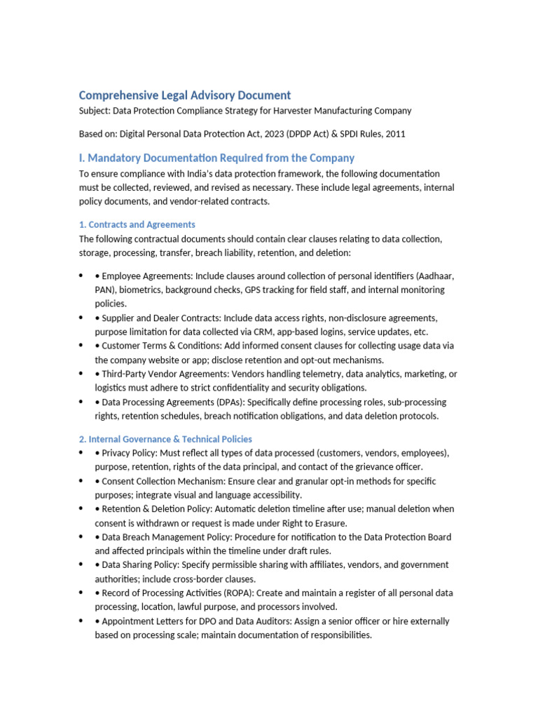 Expanded Comprehensive Legal Advisory DPDP SPDI Compliance | PDF ...