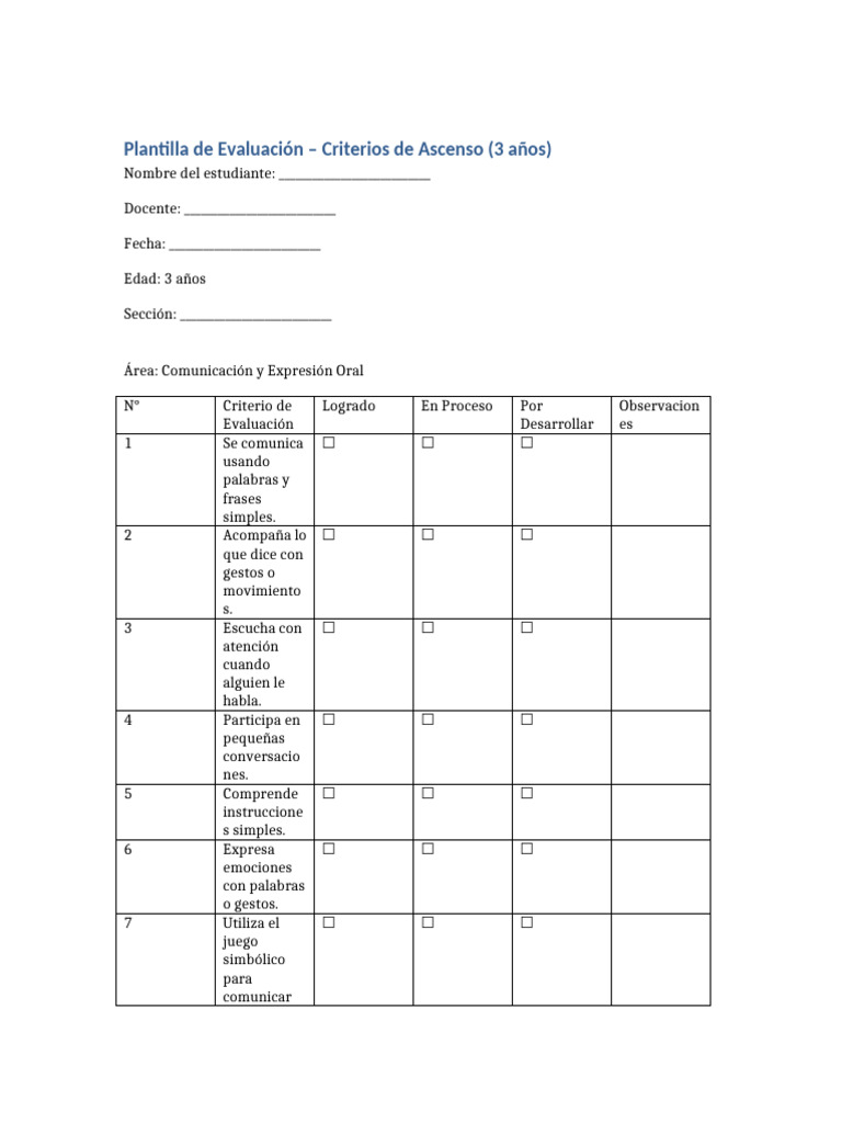 Plantilla Evaluacion 3 Anos | PDF