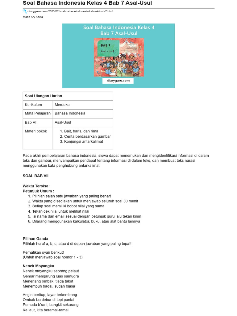 Soal Bahasa Indonesia Kelas 4 Bab 7 Asal-Usul | PDF