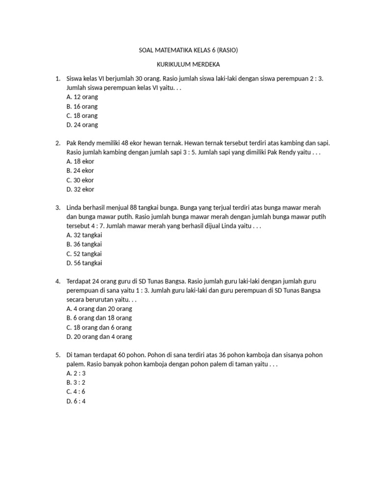 Rasio Soal Matematika Kelas 6 | PDF