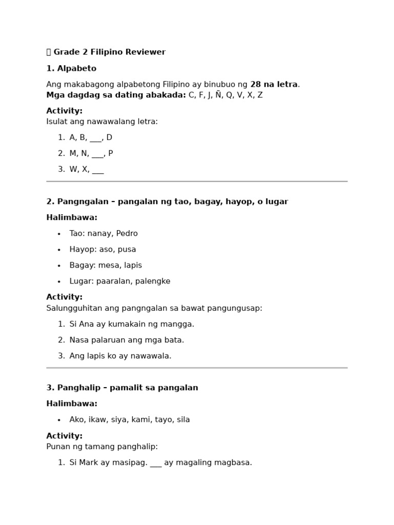 Grade 2 Filipino Reviewer | PDF